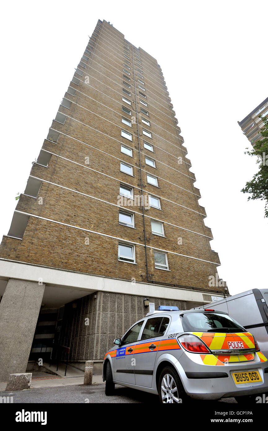A police car is seen outside the Sandall House tower block in Bow, east ...
