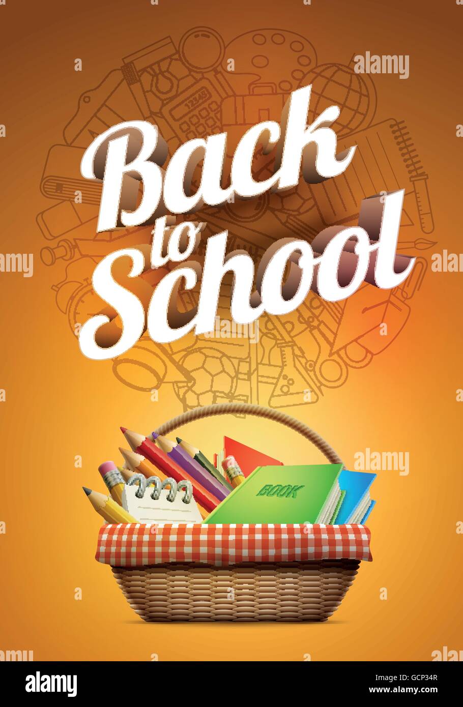 Back to school poster with school supplies wicker basket. Detailed ...