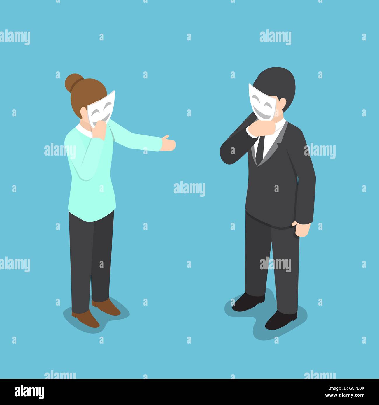 Isometric business people covering their face with smiling mask ...