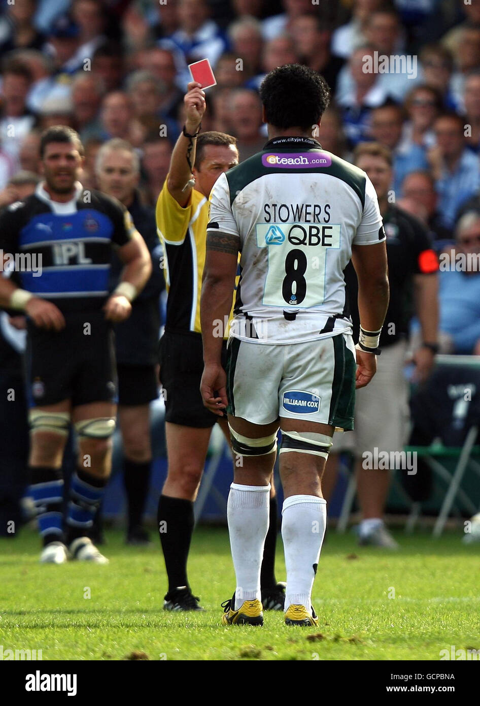 George Stowers of London Irish is shown the red card by referee Dave ...