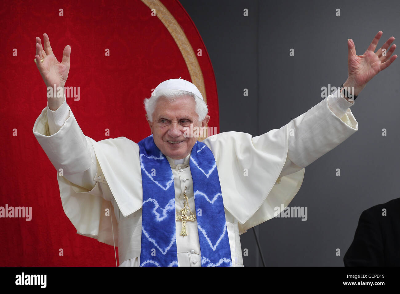 Pope Benedict XVI waves during The Big Assembly gathering at St Mary's ...