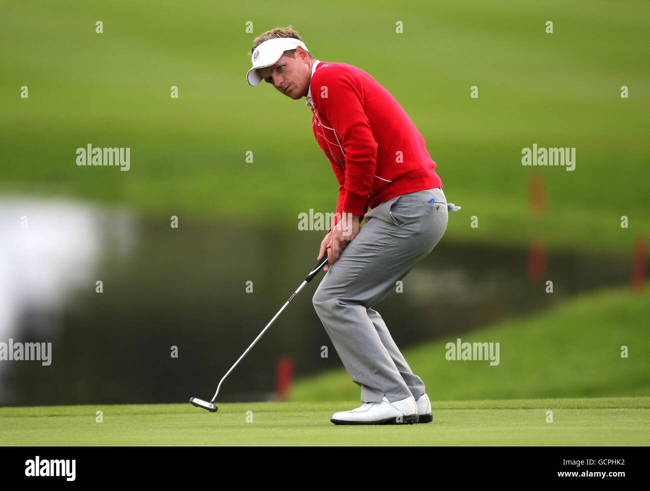 Europe's Luke Donald sees his putt on the 6th green go past the hole ...