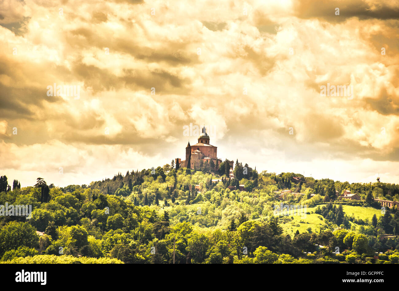 Colli Bolognesi Bologna San Luca Sanctuary dramatic yellow sky Stock ...