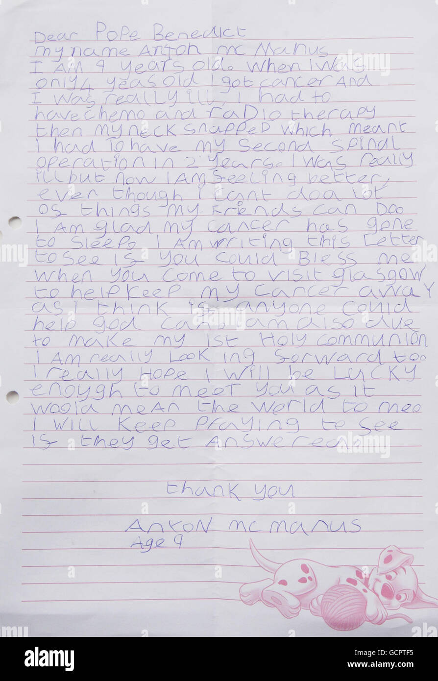 A letter written to Pope Benedict by nine-year-old Anthon McManus, who ...