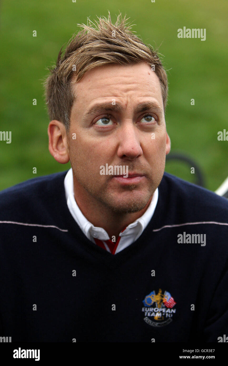 Europe's Ian Poulter talks to journalist's after finishing his practice ...