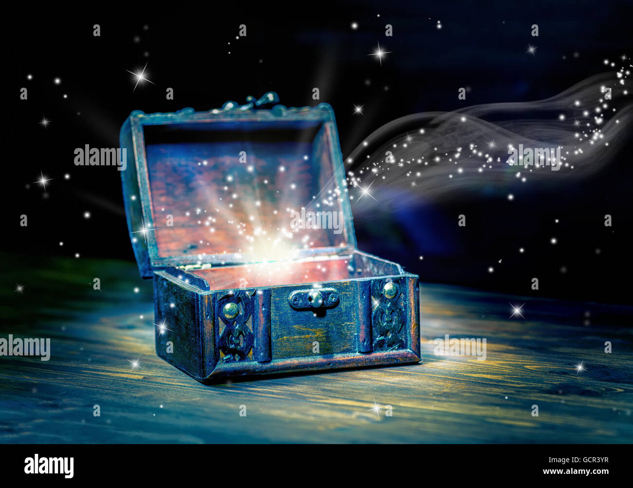 concept greeting card of opened chest treasure with mystical miracle ...