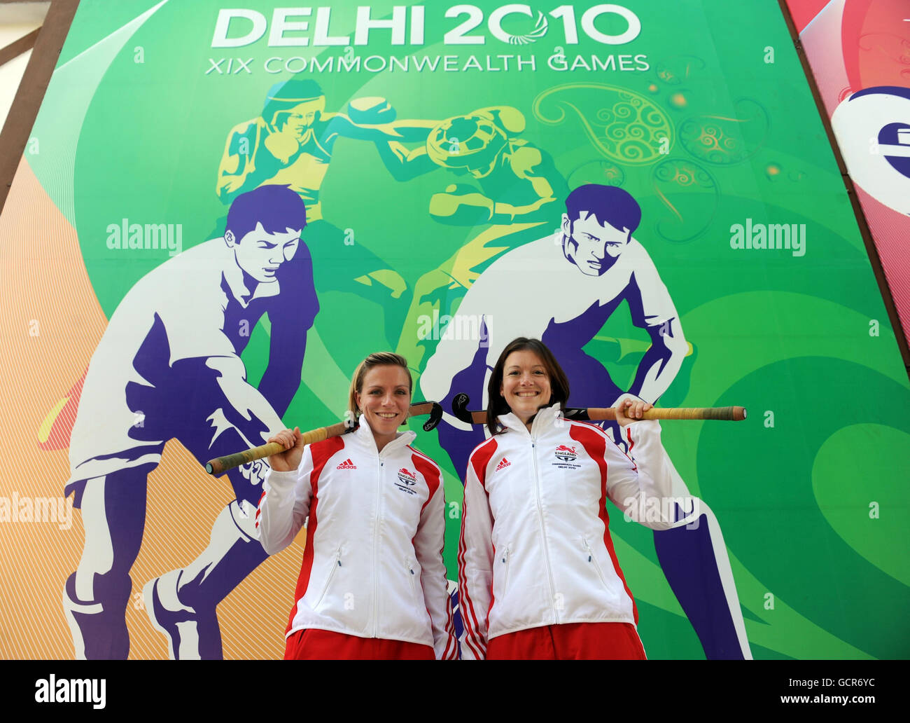 England hockey players Kate Walsh (left) and Beth Storry pose outside the media centre in New ...