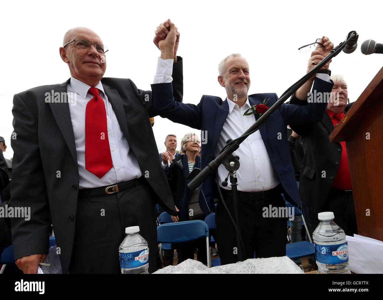 Labour leader Jeremy Corbyn (right) following his speech at the Durham ...