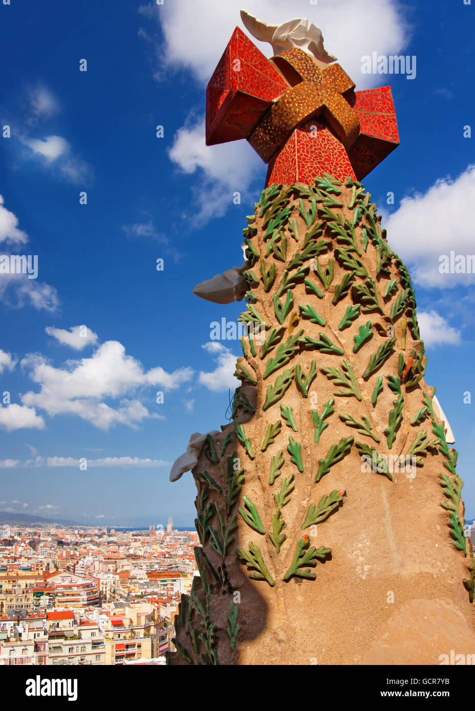 BARCELONA, SPAIN - AUGUST 14, 2011: Panoramic view and Cross on top of ...