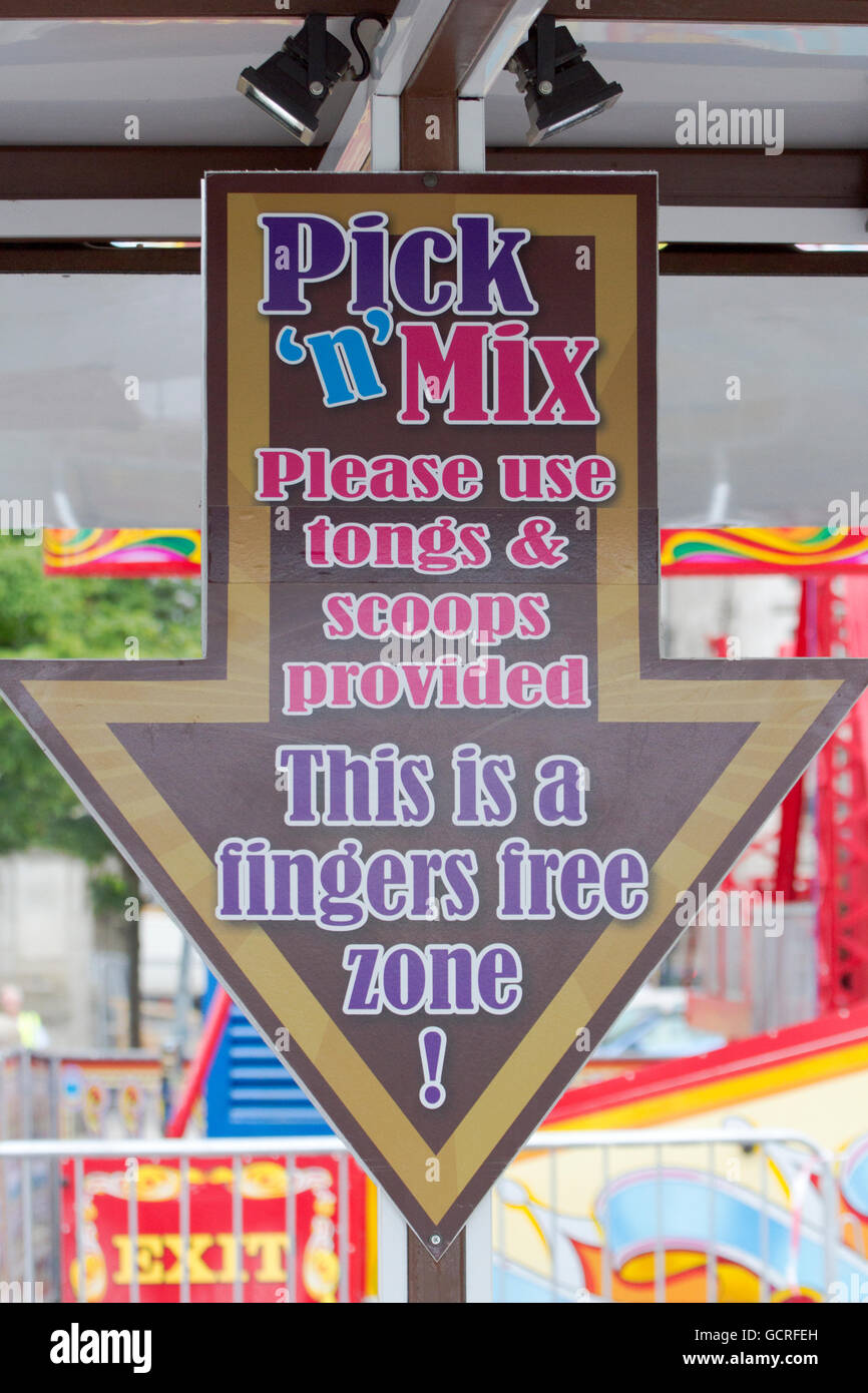 Pick'n'Mix stall with hygiene message requesting the use of scoops and ...