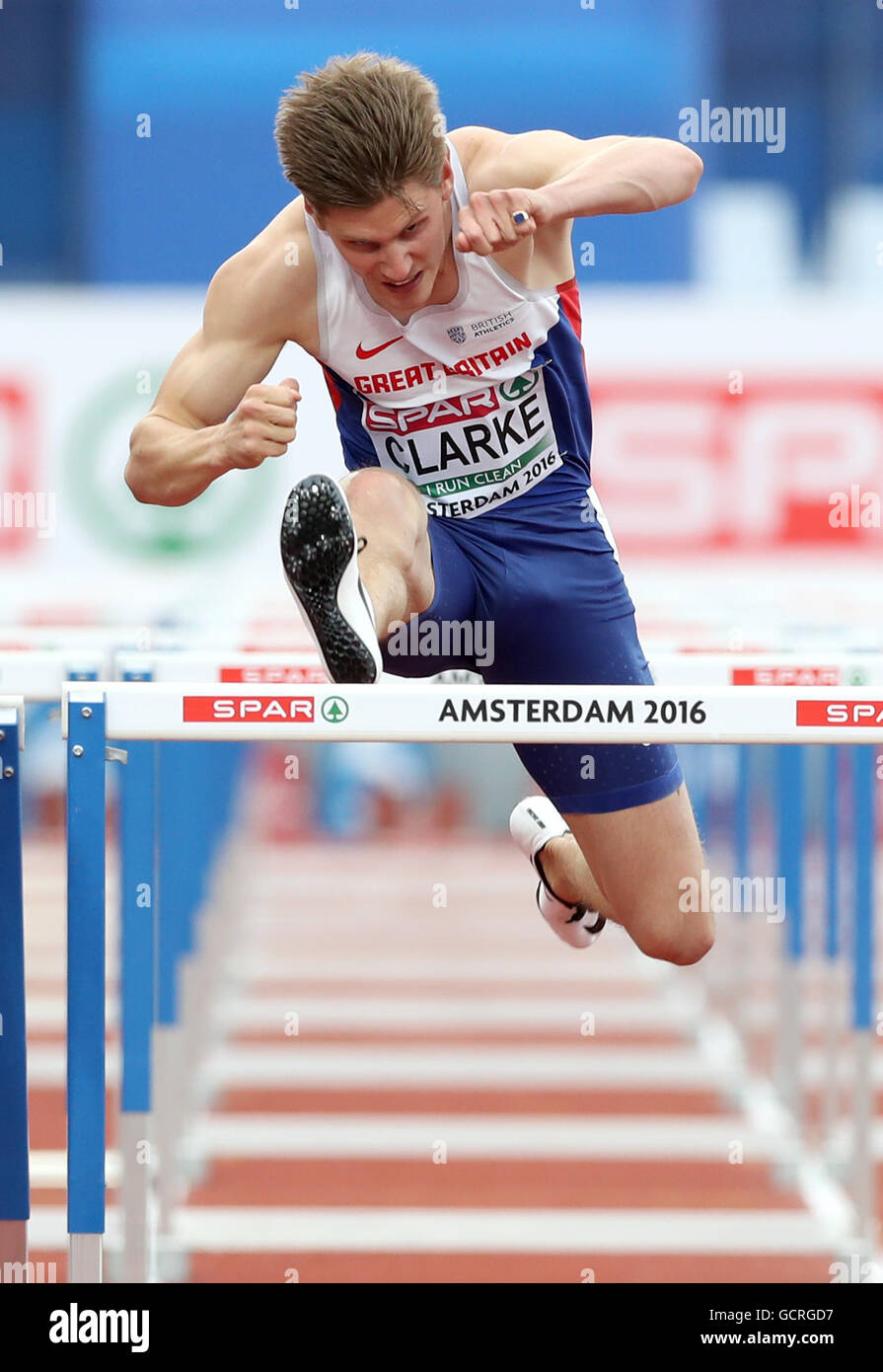 Great Britain's Lawrence Clarke competes in the Men's 110m Hurdles Semi ...