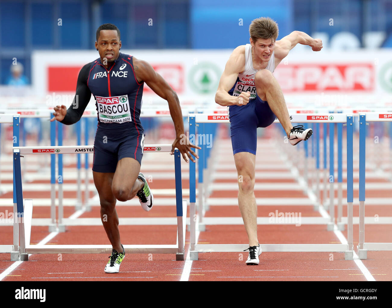 Great Britain's Lawrence Clarke (right) competes in the Men's 110m ...
