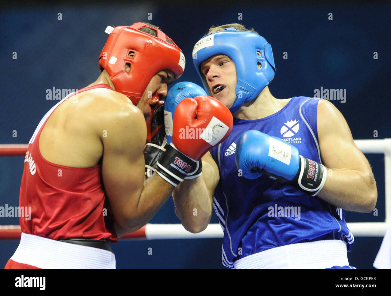 Scotland's Callum Johnson (blue) competes against Northern Ireland's ...