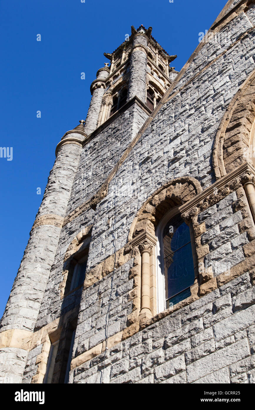 The spire of historic Epworth United Methodist church in the old town ...