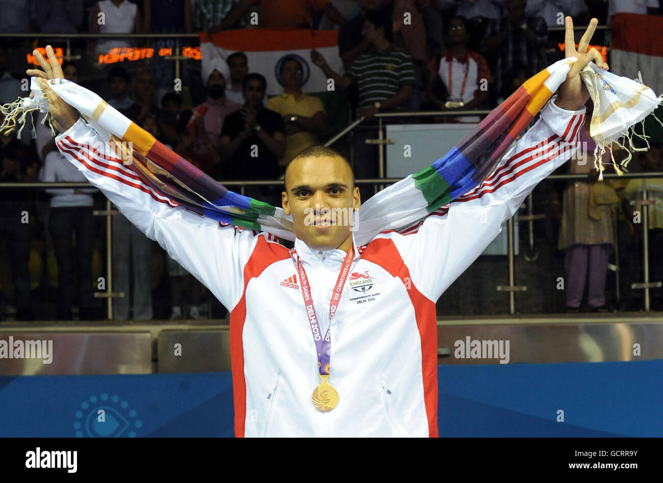 England's Simon Vallily celebrates winning the gold medal during the ...