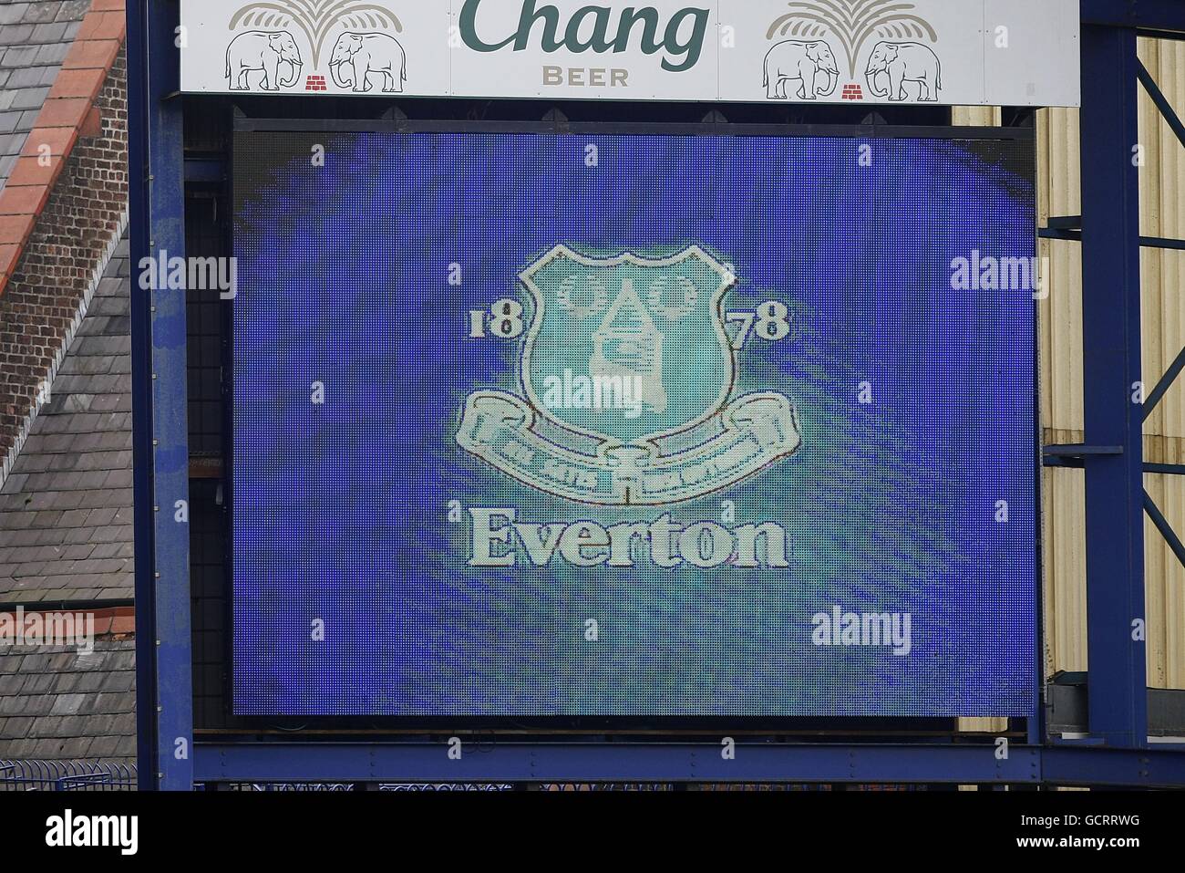 General view of the big screen showing the Everton emblem prior to kick ...