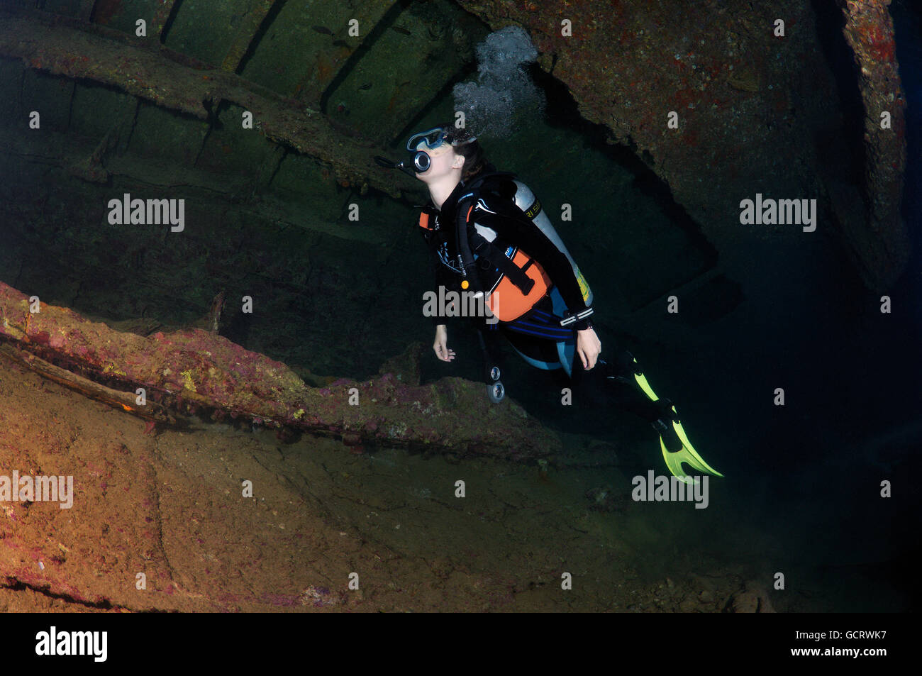 Female scuba diver inside the wreck of the SS Dunraven, Red Sea, Egypt ...