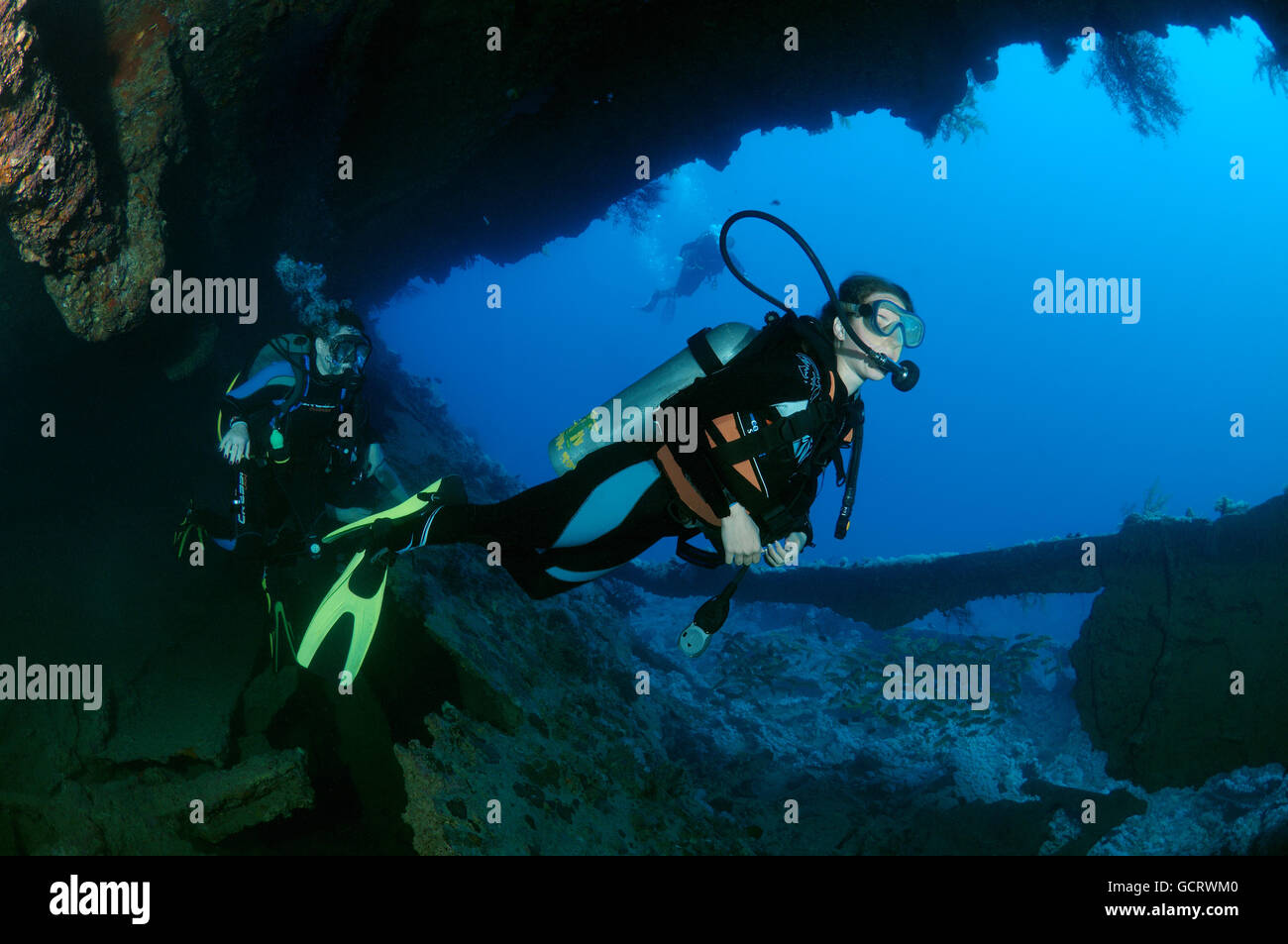 Female scuba diver inside the wreck of the SS Dunraven, Red Sea, Egypt ...