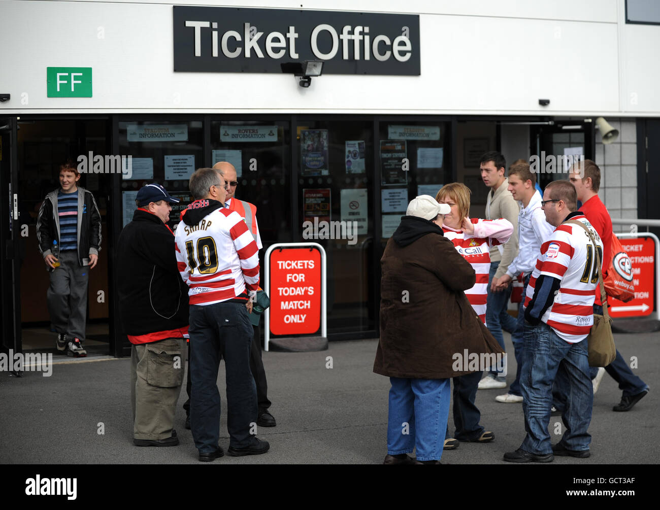 Doncaster Rovers fans gather around the Ticket Office before kick off ...