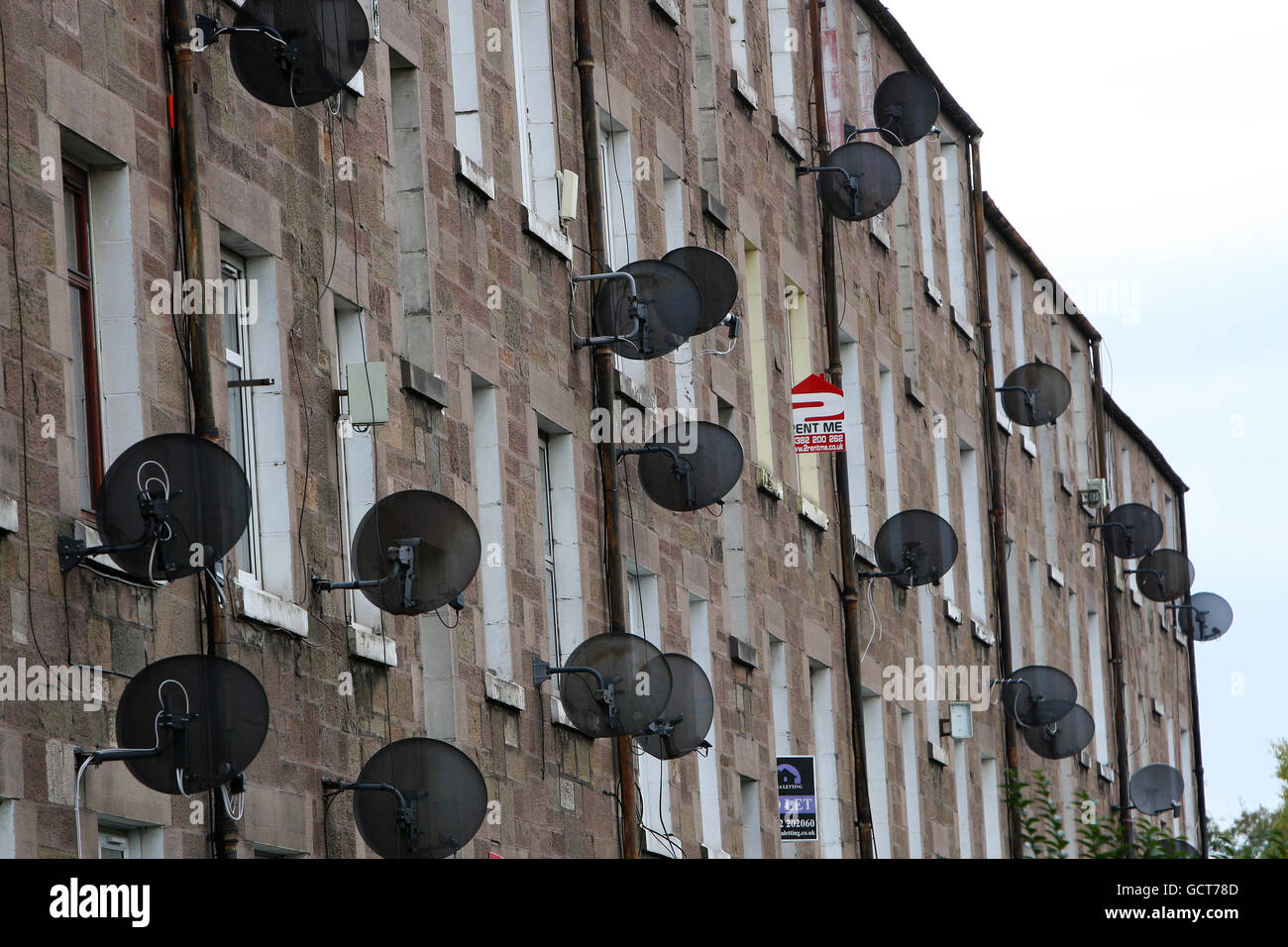 General view satellite dishes outside residential housing by dens park ...
