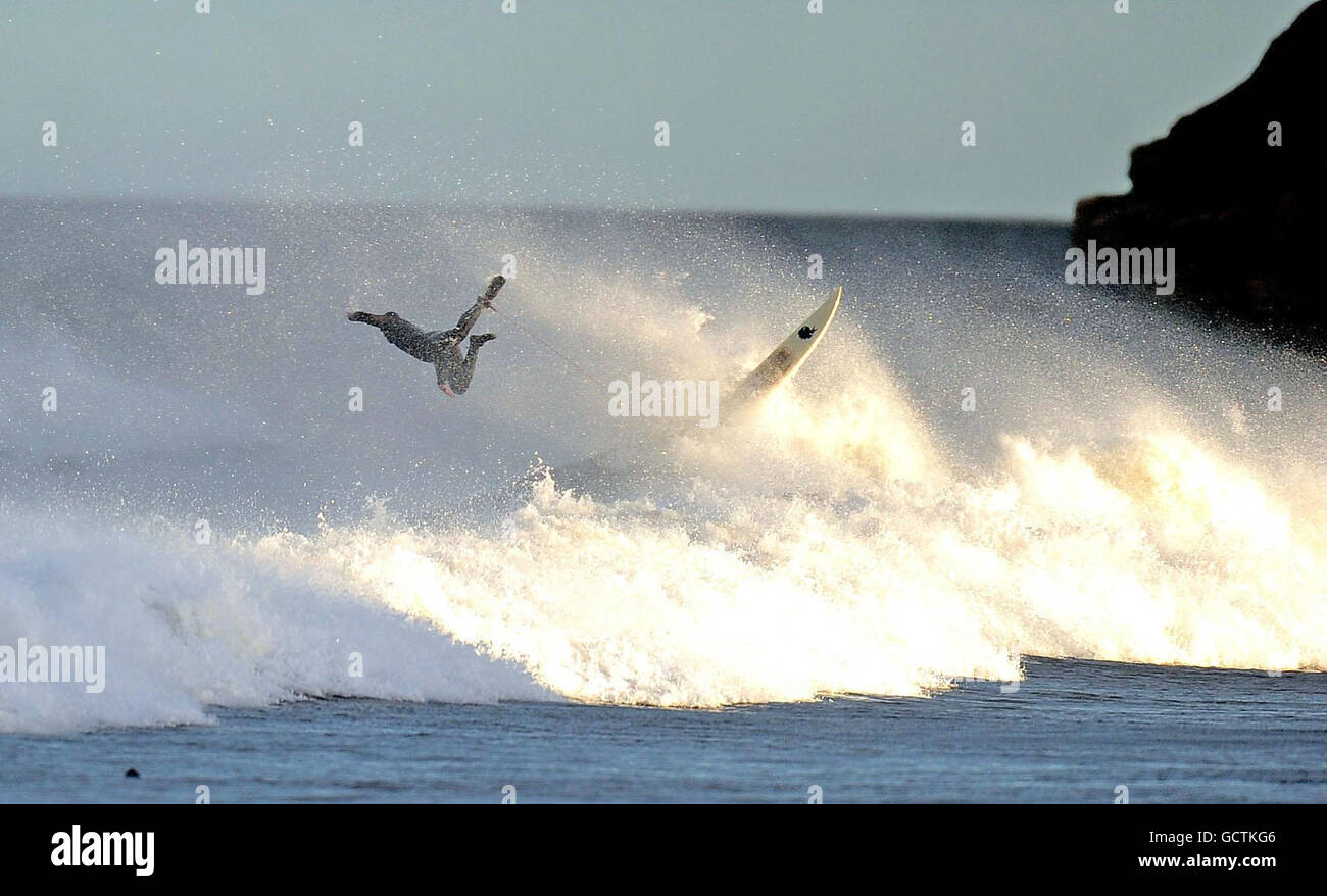 A surfer practices for the UK Pro Surf Tour 2 day event at Tynemouth ...