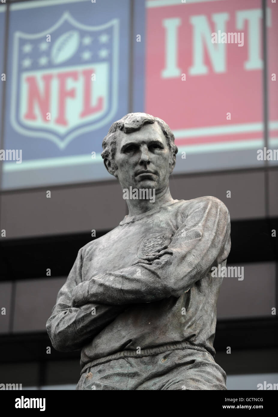 General view of the Bobby Moore Statue at Wembley with NFL branding ...
