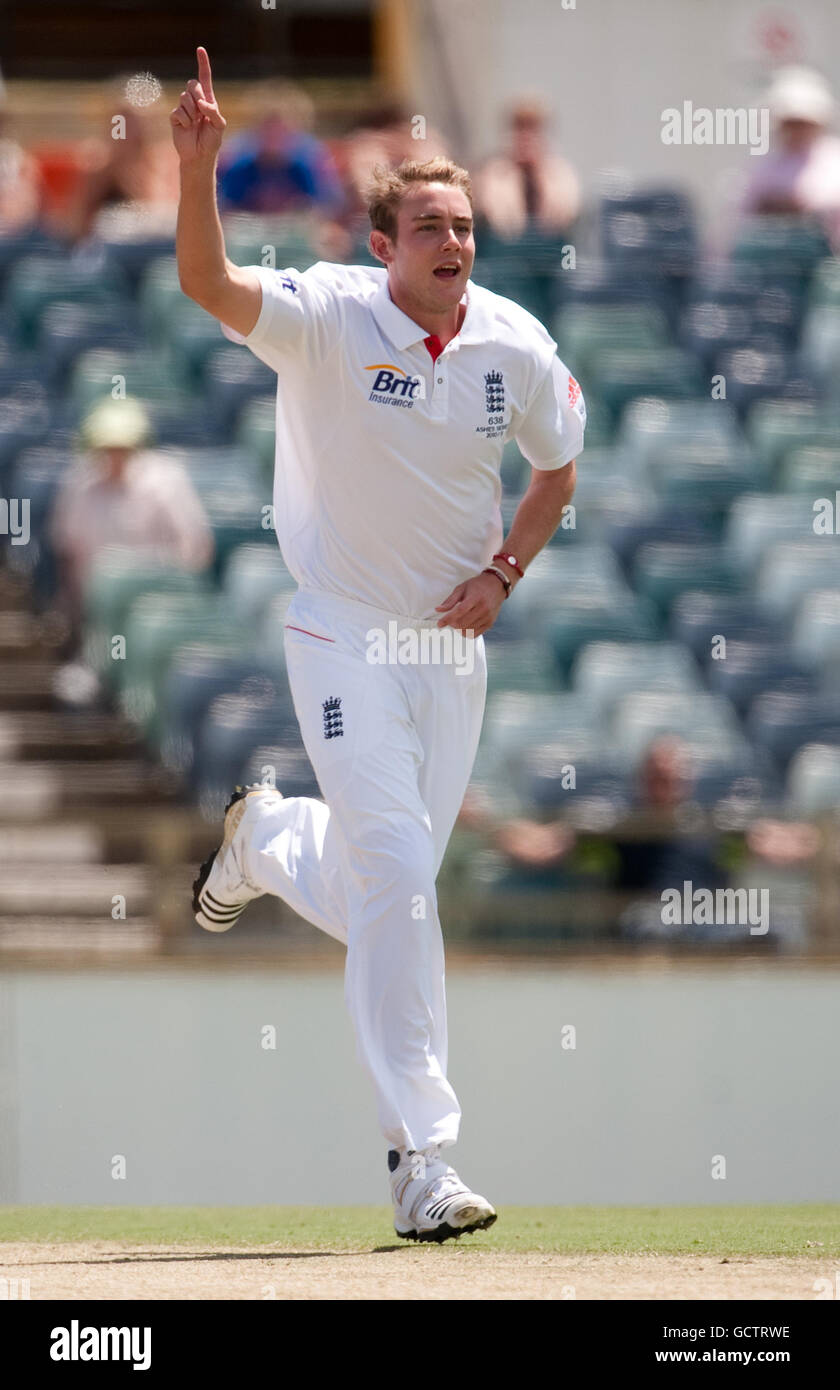 England's Stuart Broad celebrates dismissing Western Australia's Liam ...