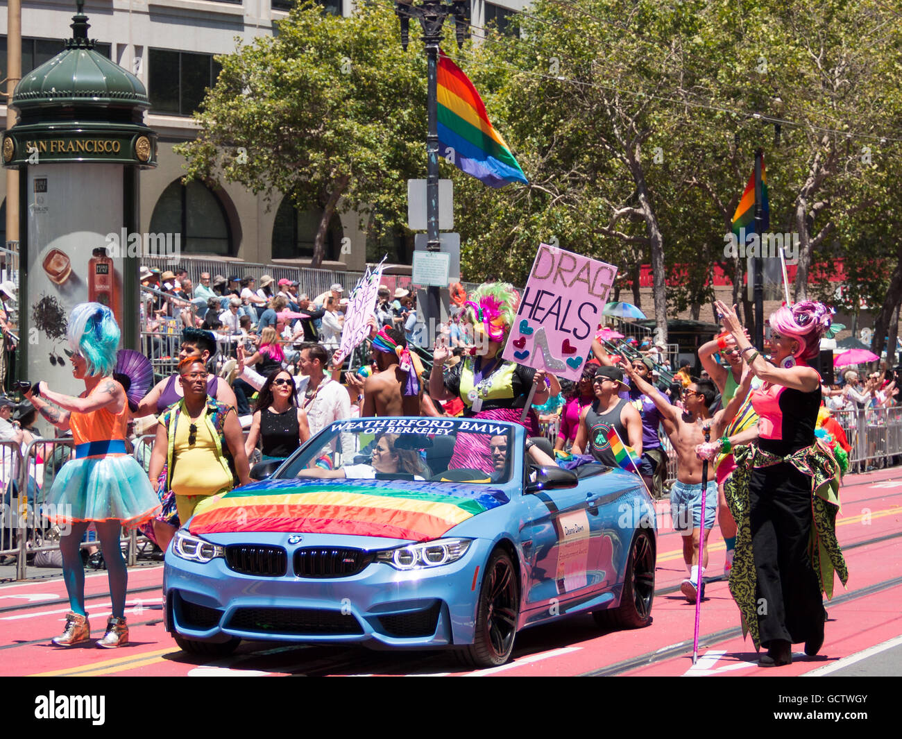 Men in drag and Deana Dawn group parade at San Francisco Pride Parade ...