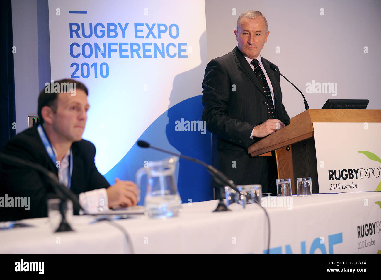 London Scottish's Simon Amor (left) and Presenter Jim Rosenthal (right ...