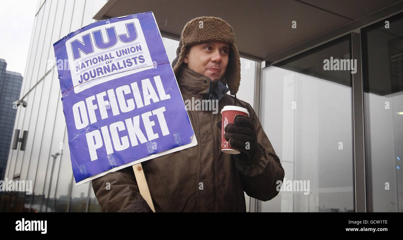 BBC strike. A man stands on the NUJ picket line at the BBC office in ...