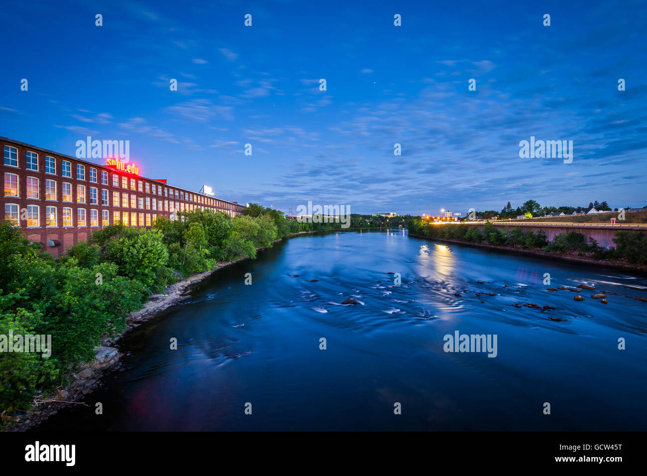 The Merrimack River at night, in downtown Manchester, New Hampshire ...