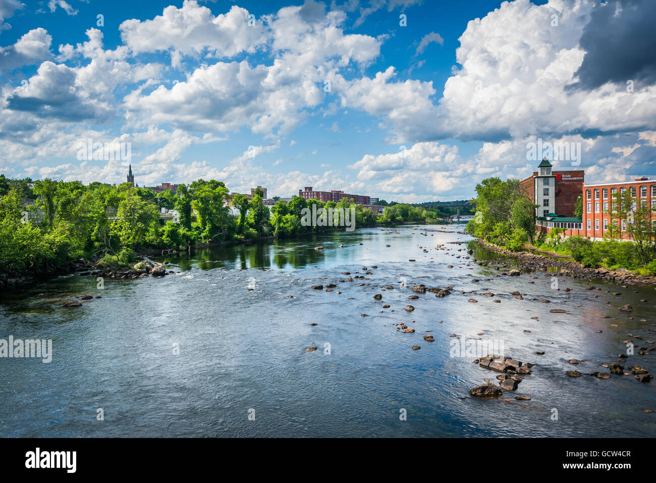 View of the Merrimack River, in downtown Manchester, New Hampshire ...