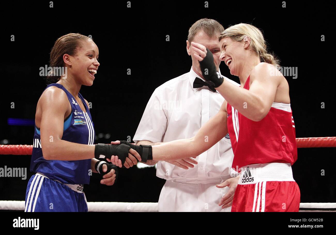 Natasha Jonas (left) celebrates her victory over Amanda Coulson in the ...