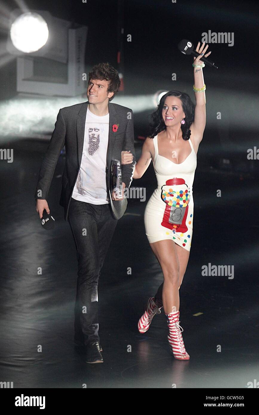 Katy Perry and Greg James on stage during the Radio 1 Teen Awards, at ...