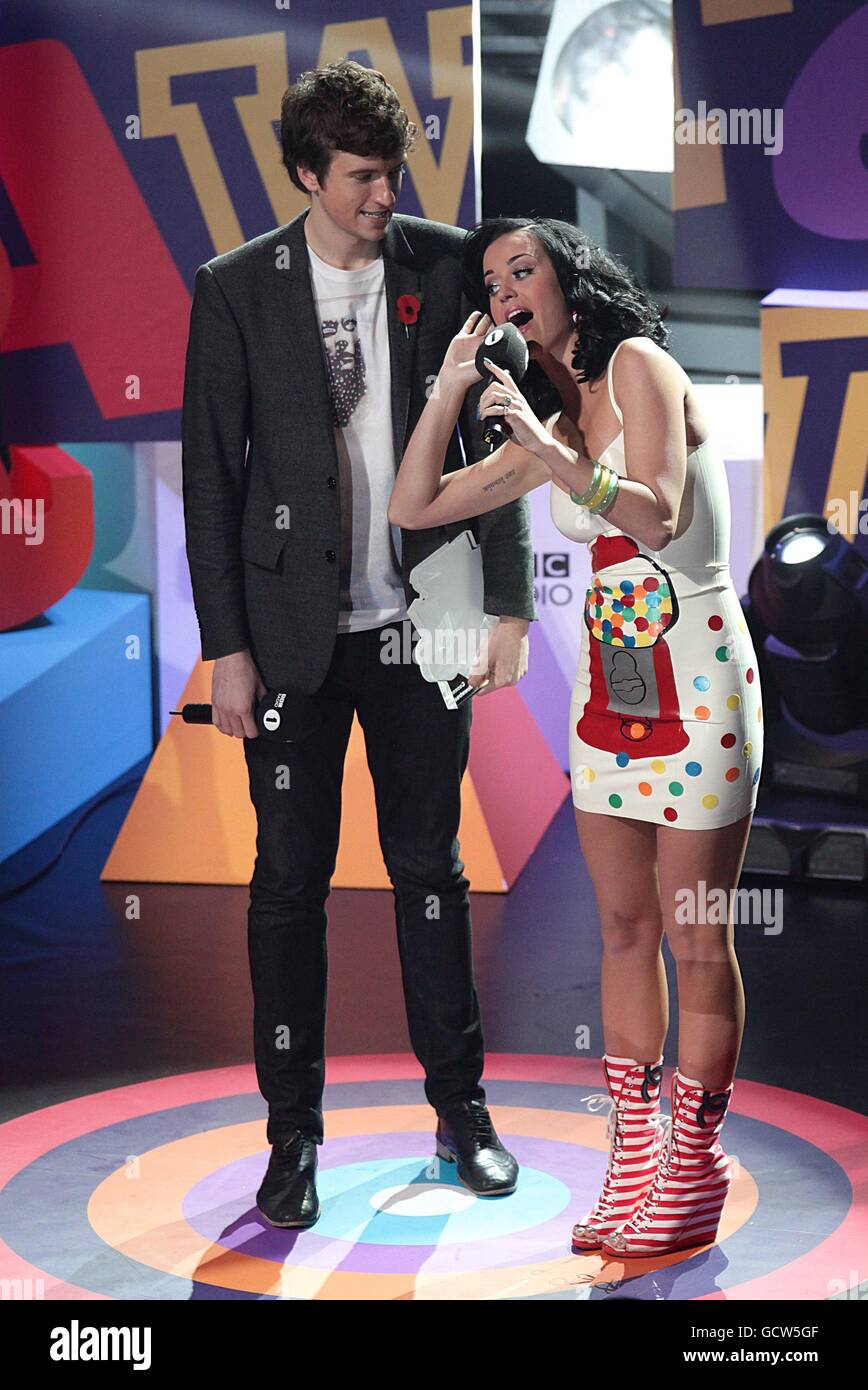 Katy Perry and Greg James on stage during the Radio 1 Teen Awards, at ...