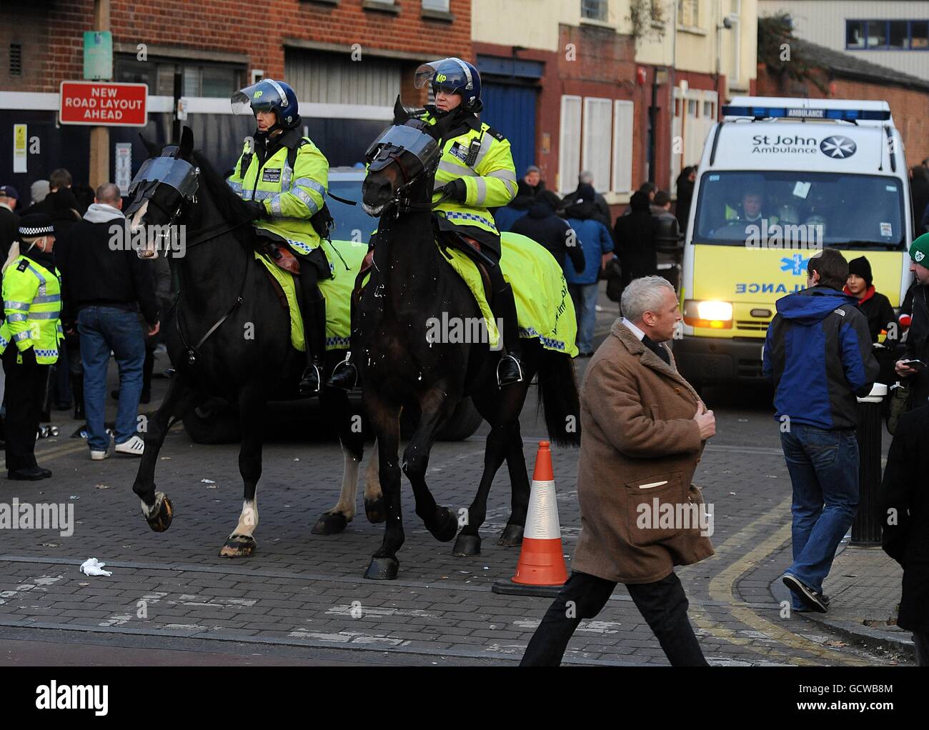 Police horse patrol outside the ground prior to kick off hi-res stock ...