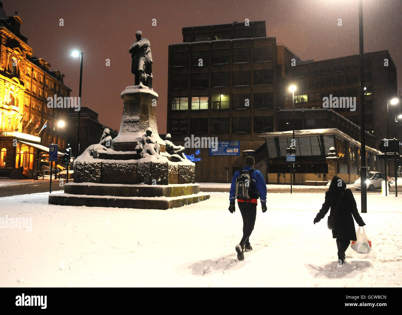Snow covered statues in the centre of Newcastle this morning following ...