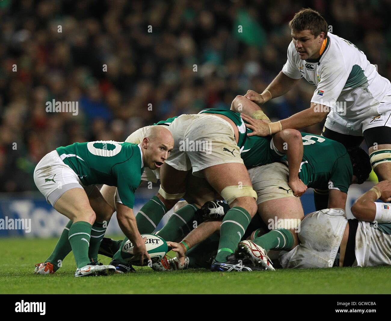 Ireland's Peter Stringer passes the ball out from a ruck Stock Photo ...