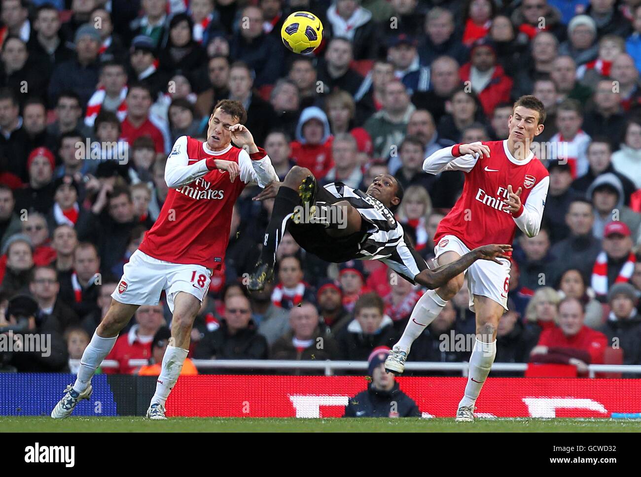 Newcastle United's Nile Ranger (centre) has a shot on goal Stock Photo ...