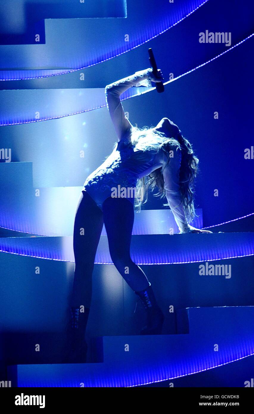 Singer Miley Cyrus performs during the 2010 MTV Europe Music Awards, at ...