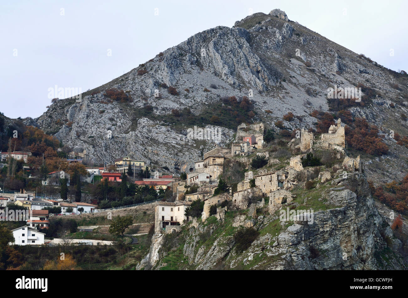 View of Pescosansonesco and a mountain peak; Pescara province, Abruzzi ...