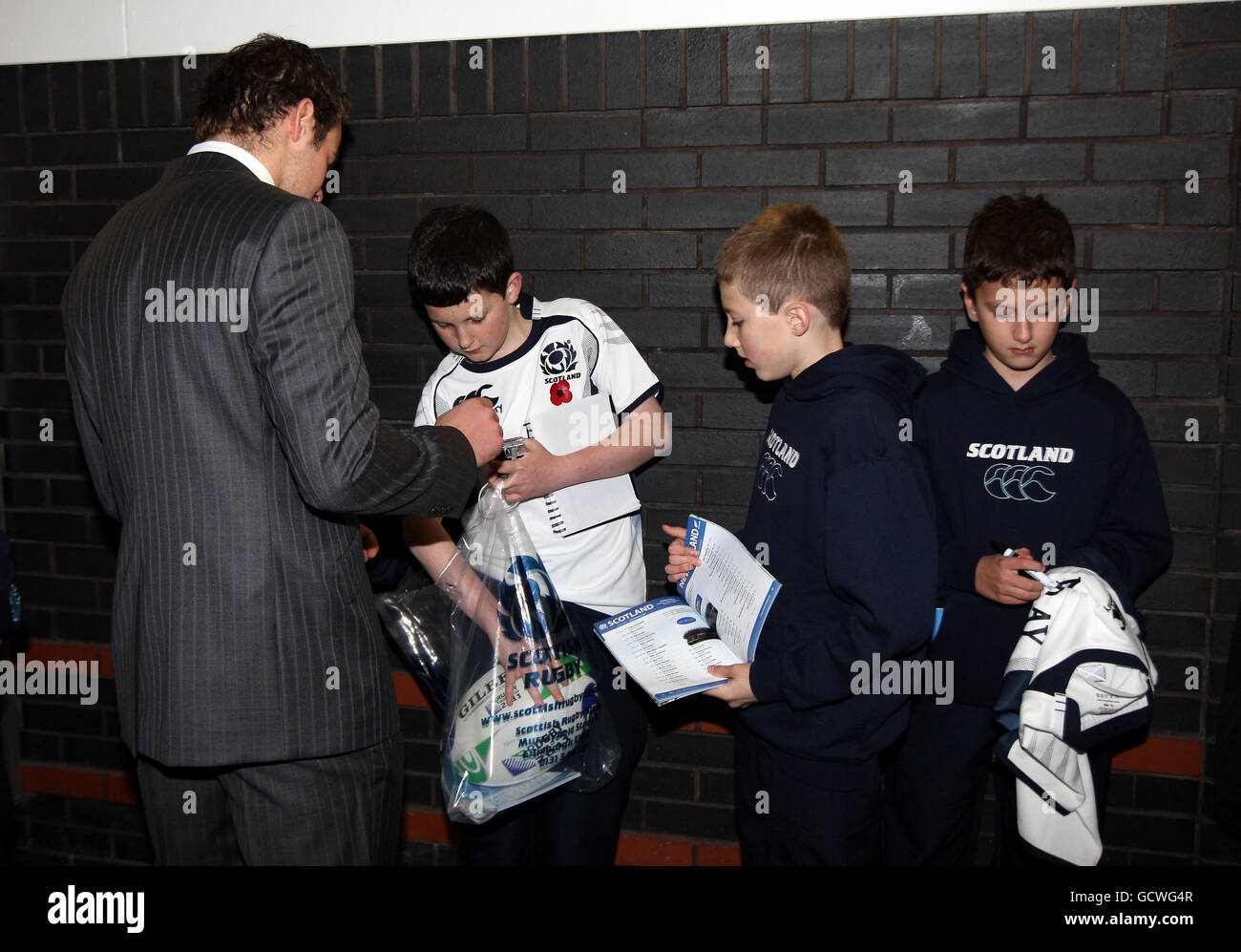 Scotland's Ruaridh Jackson meets the mascots after the game Stock Photo ...