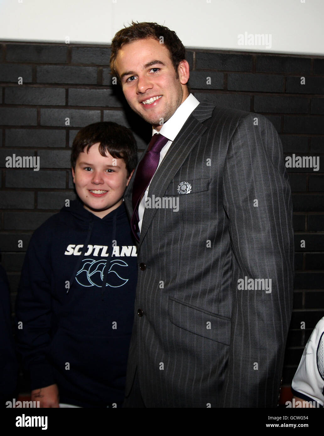 Scotland's Ruaridh Jackson meets the mascots after the game Stock Photo ...