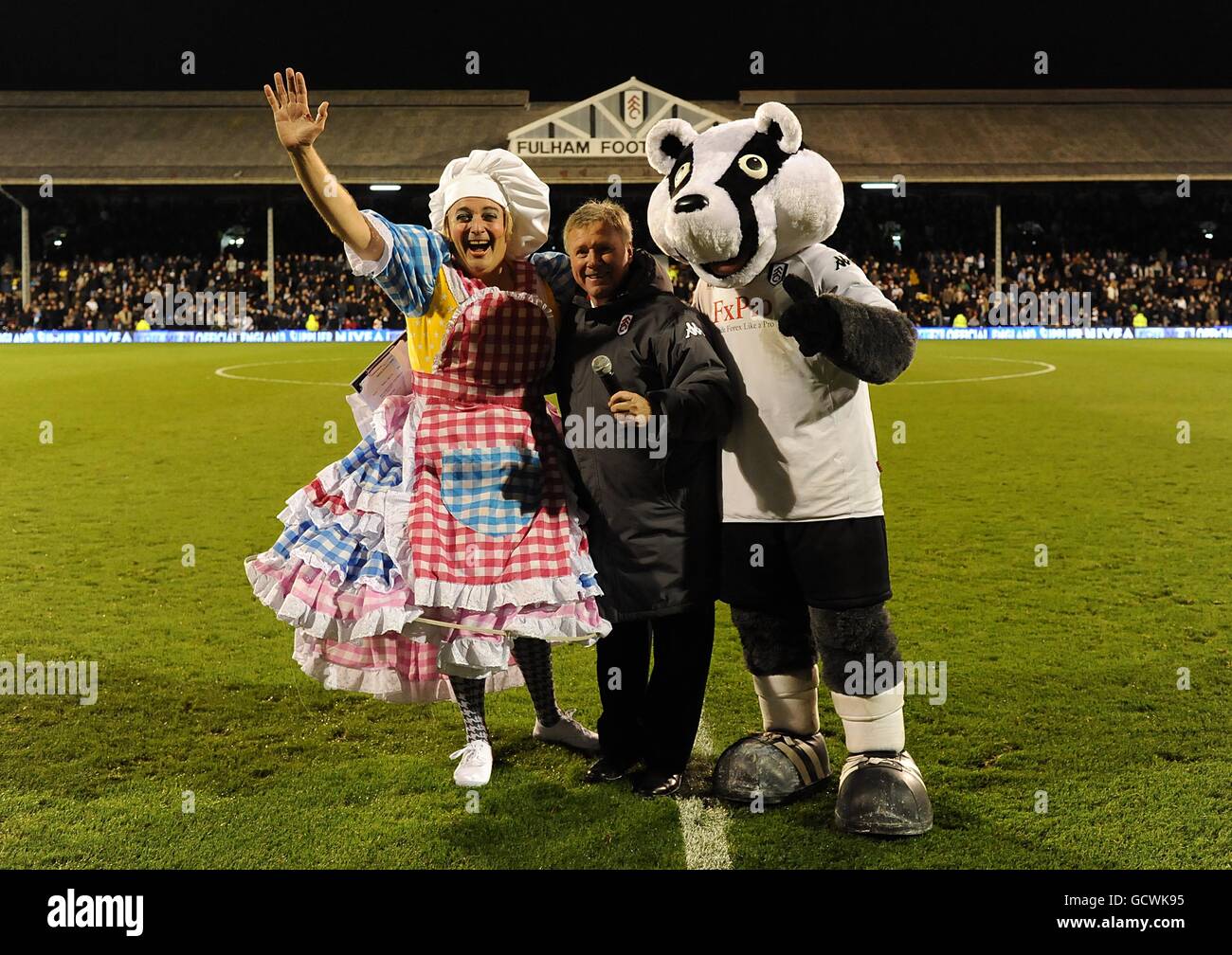 Fulham billy the badger right pantomime dame sarah the cook hi-res ...