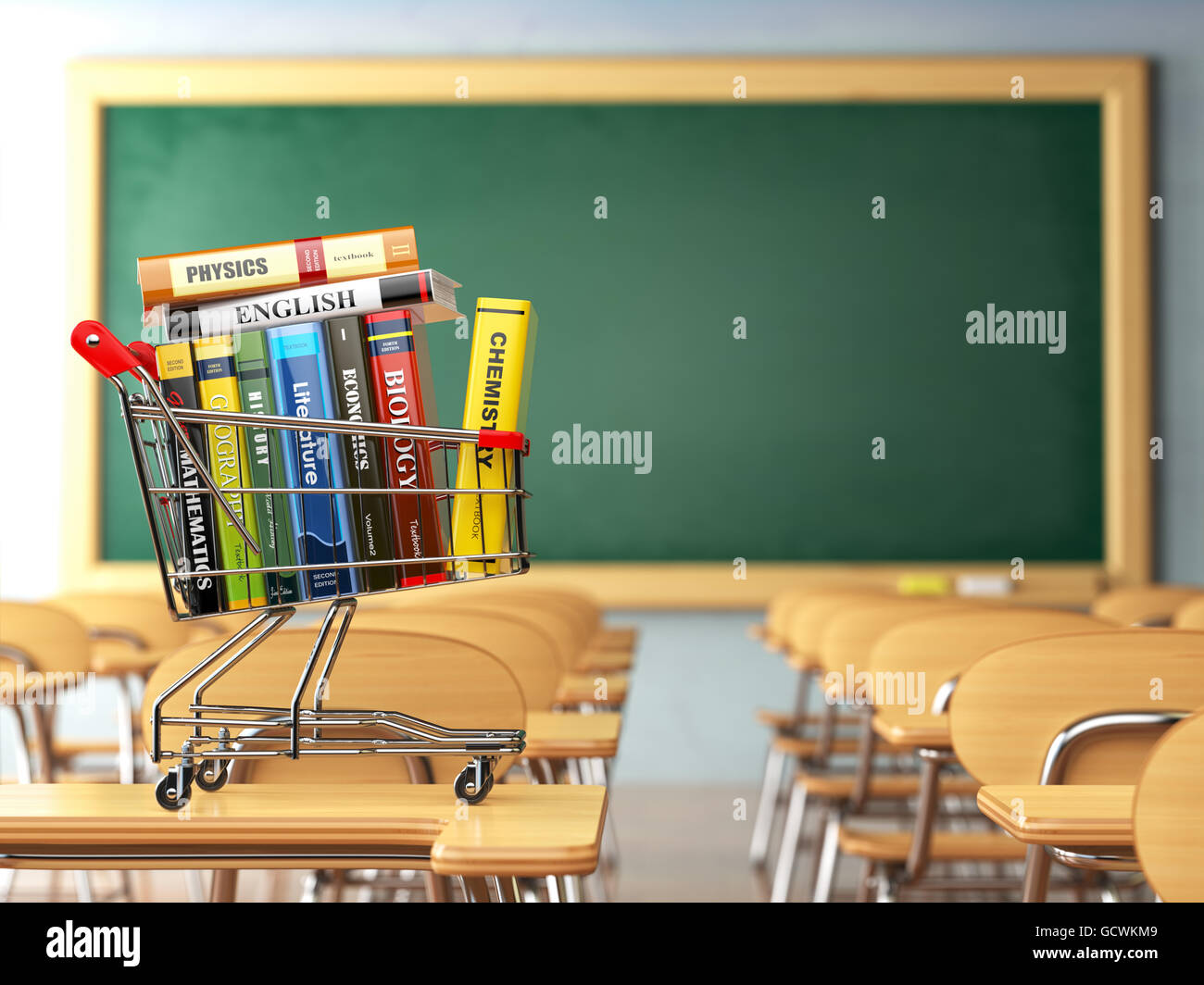 Shopping cart with book in the classroom, school desk and blackboard ...