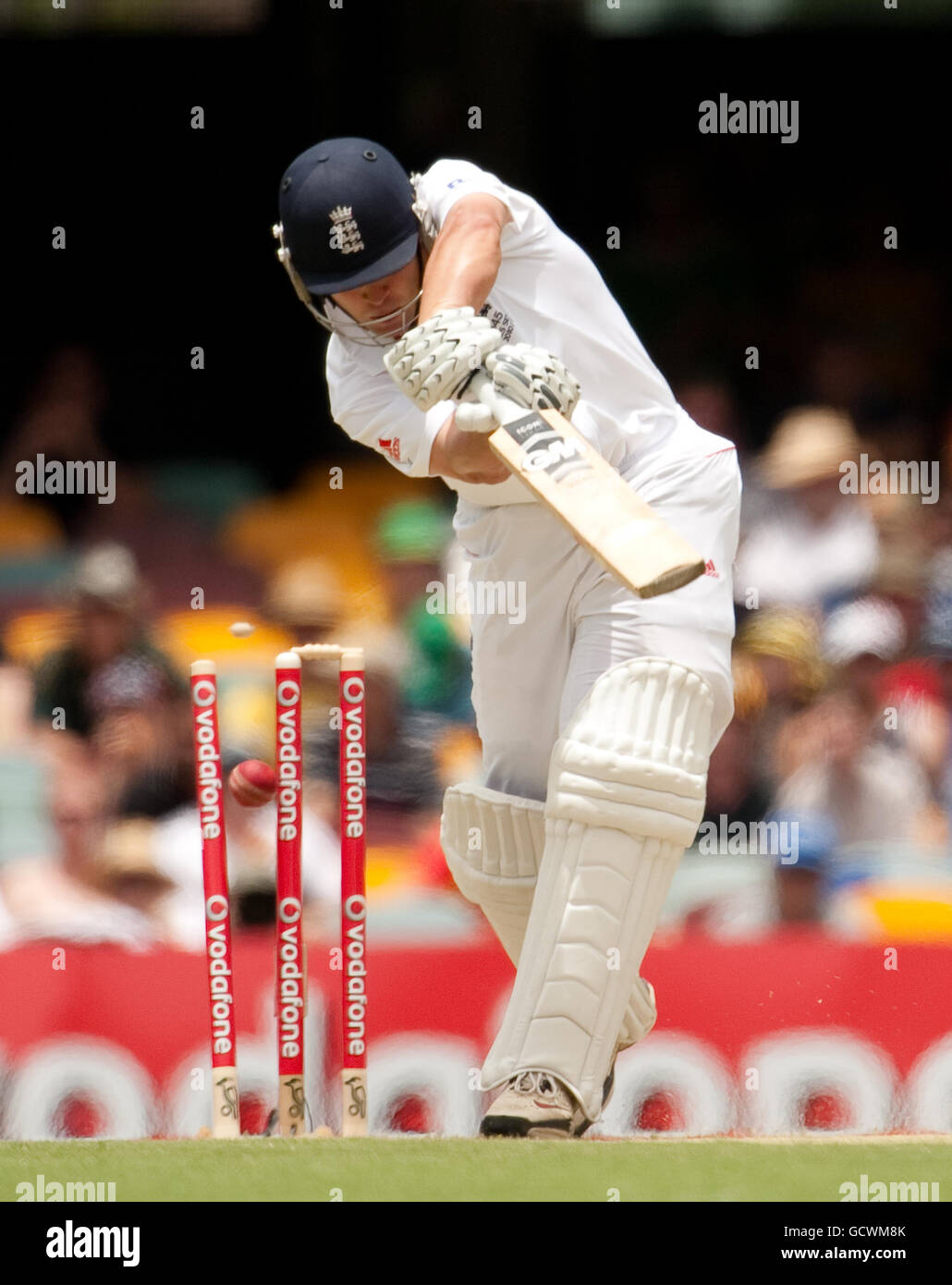 England's Jonathan Trott is bowled Australia's Shane Watson during the ...