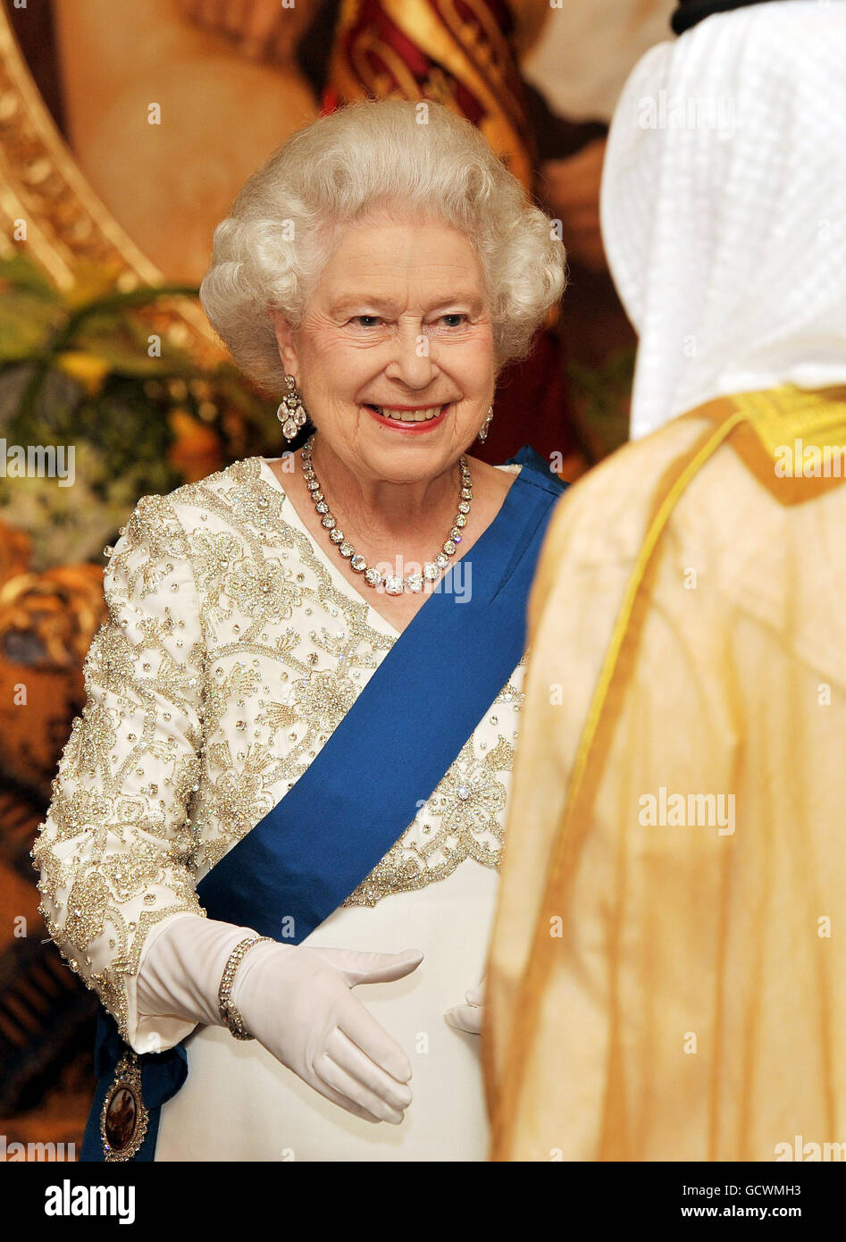 Queen Elizabeth II is greeted by Sheikh Khalifa Bin Zayed al Nahyan the ...