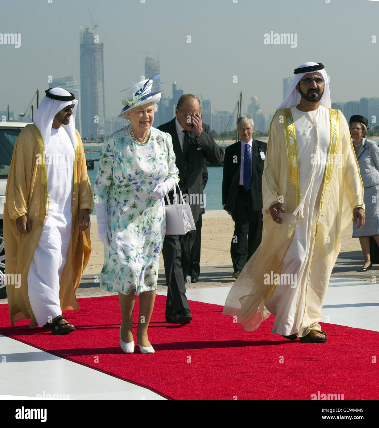Britain's Queen Elizabeth II the Duke of Edinburgh accompanied by the ...