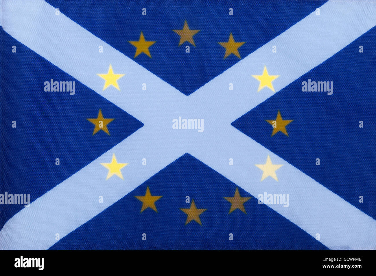 A European Union flag superimposed on the Scottish saltire. On the ...
