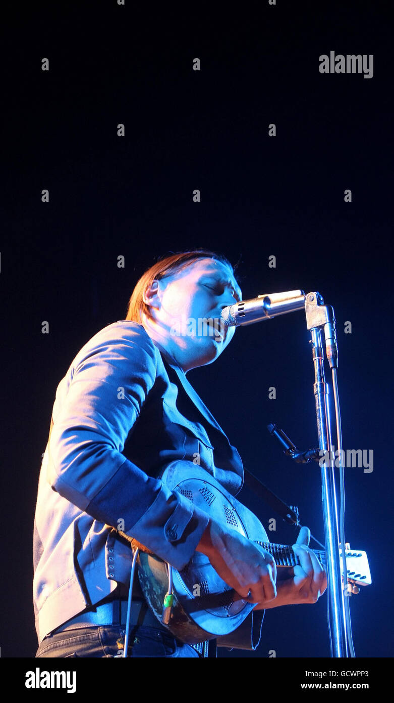 Win Butler of Arcade Fire, performs at the O2 Arena, in Greenwich, east ...